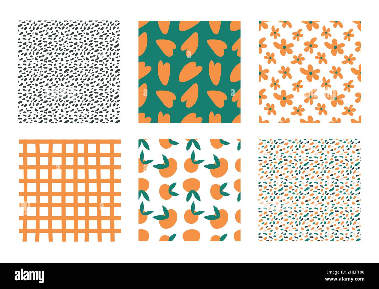 set, Funky, trendy seamless patterns set with flowers, peaches, crumbs ...