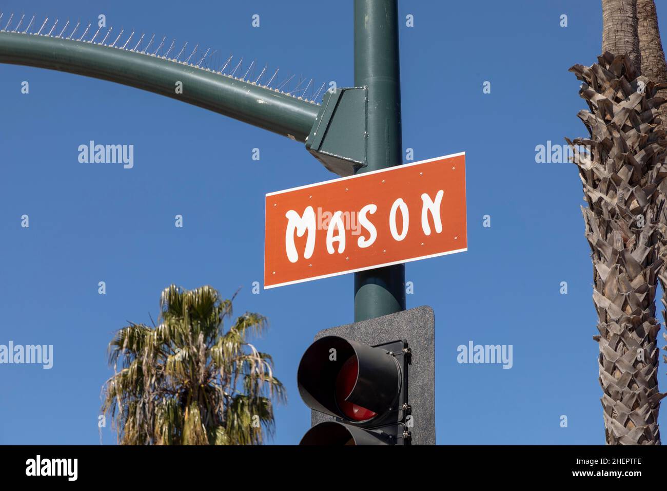 street name mason in Santa Barbara and red color under blue sky Stock ...