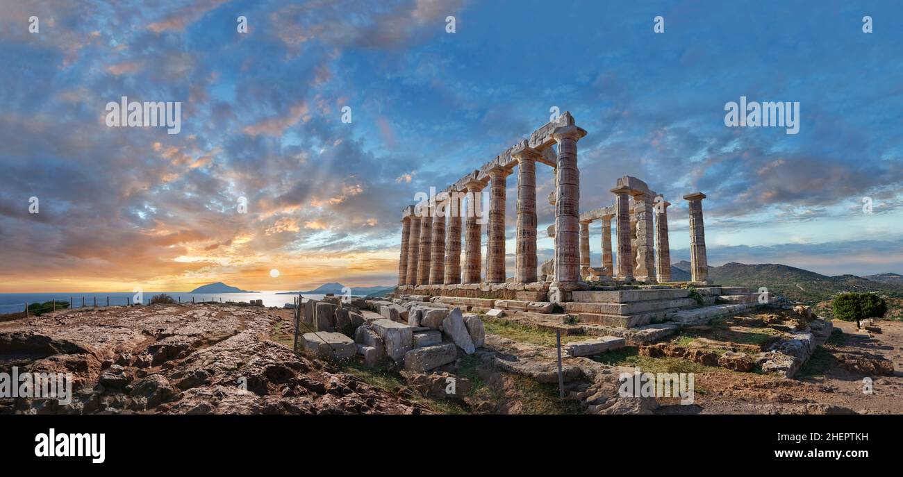 The ancient Greek Doric temple of Poseidon at Cape Sounion, Greece, 444 ...