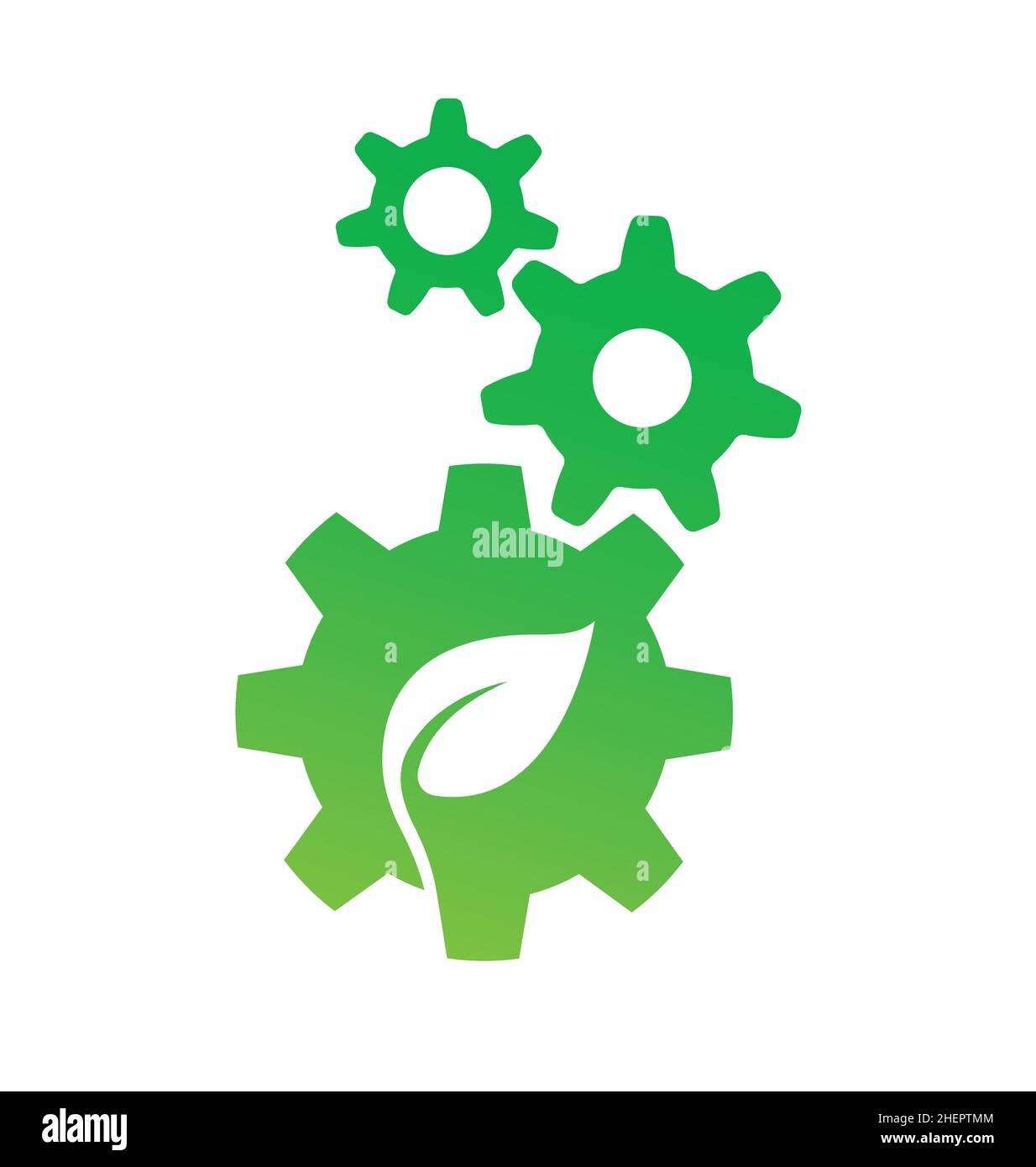 3 green meshing gear cluster with eco leaf motif icon symbol isolated ...