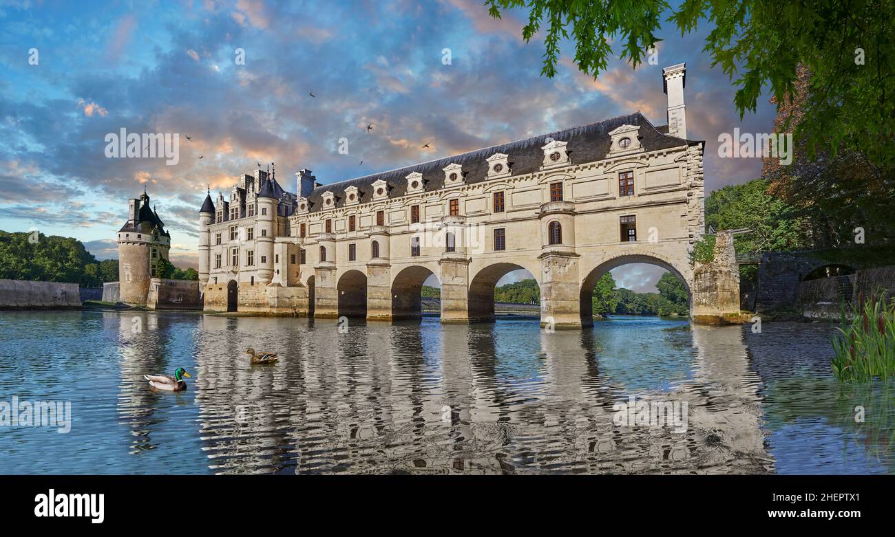 The Renaissance Chateau de Chenonceau spanning the river Cher, Indre-et ...