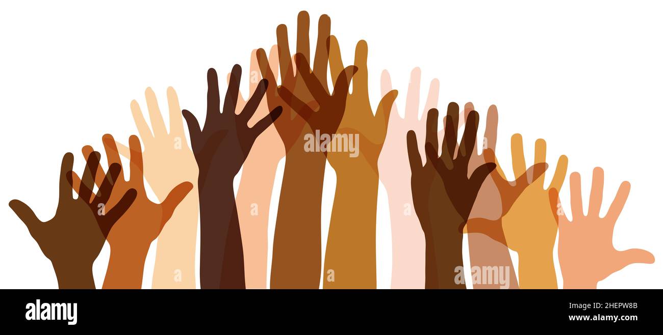 Outstretched rising hands of a multicultural team as a community ...