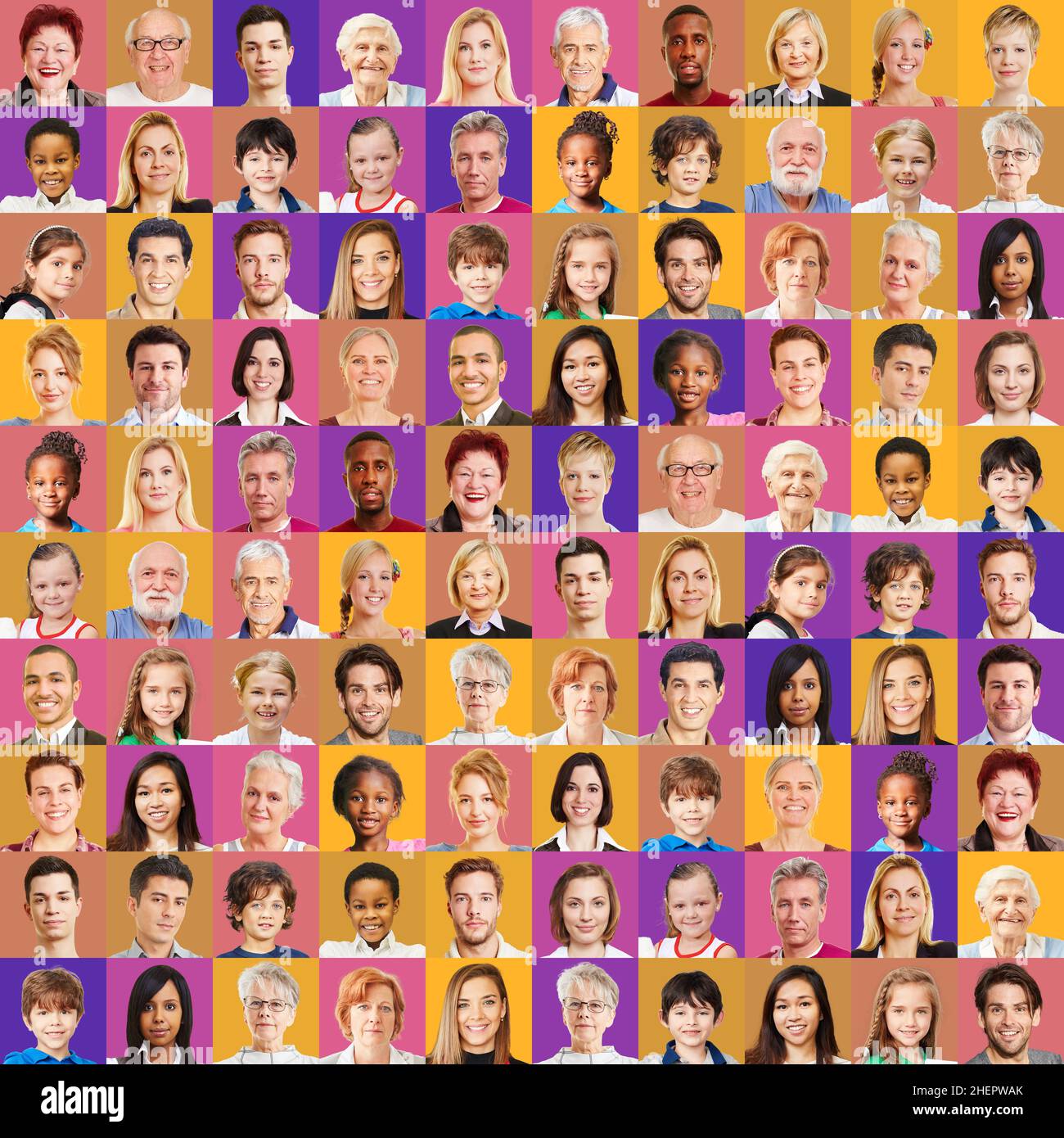 Portrait collage of children and adults in front of a colorful ...