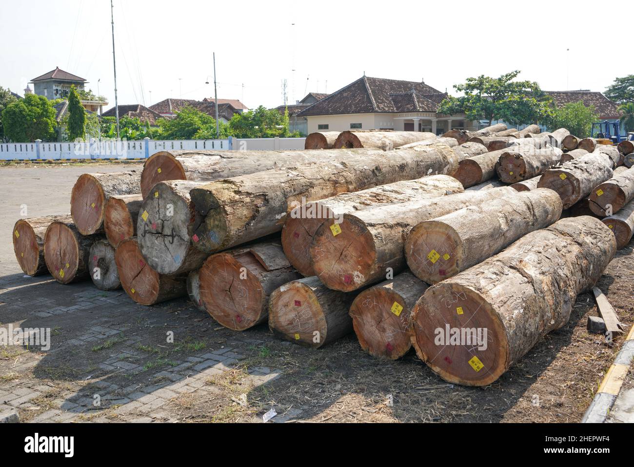 Collection of wooden blocks at the port to be transported by ship Stock ...