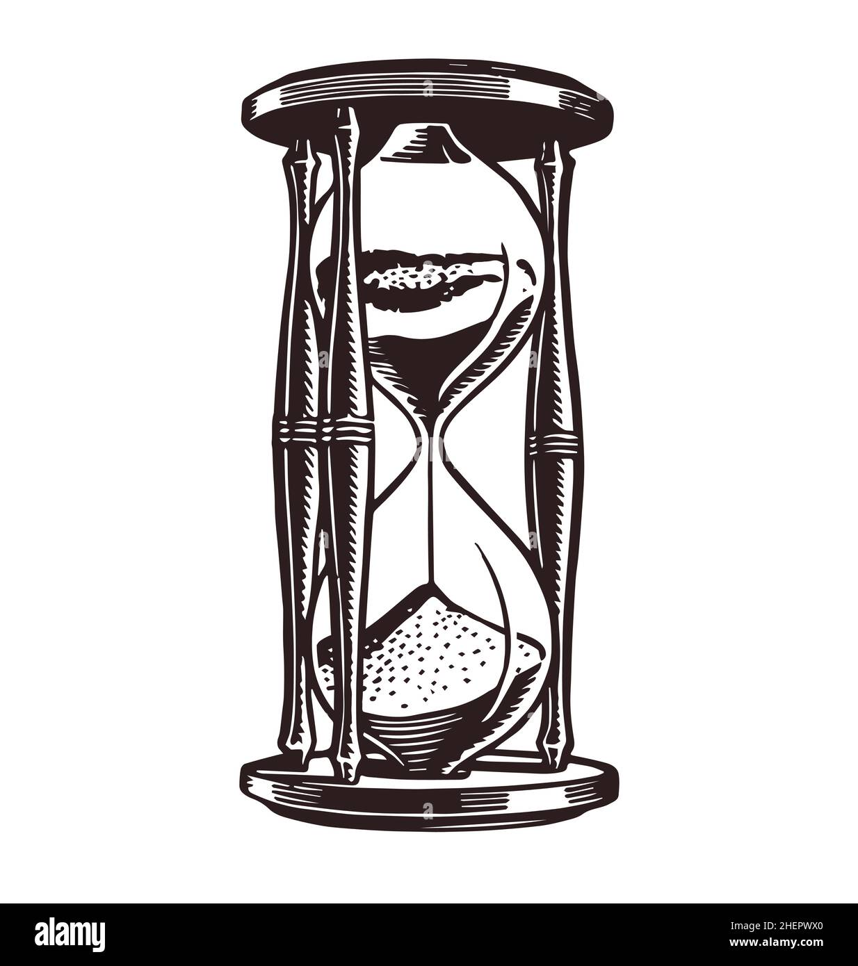 antique vintage hourglass hand drawn etching tilted vector isolated on ...