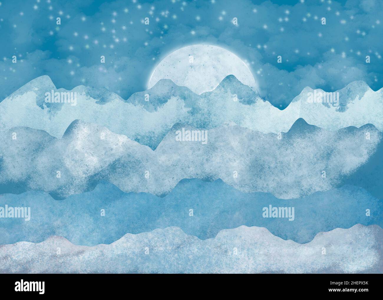 illustration of beautiful dark blue mountain landscape with fog and ...