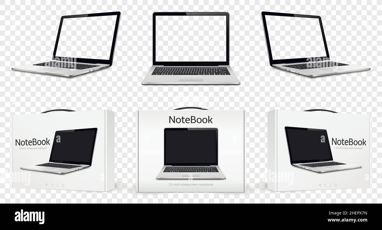 Laptops with transparent screen and new notebook computers in boxes ...