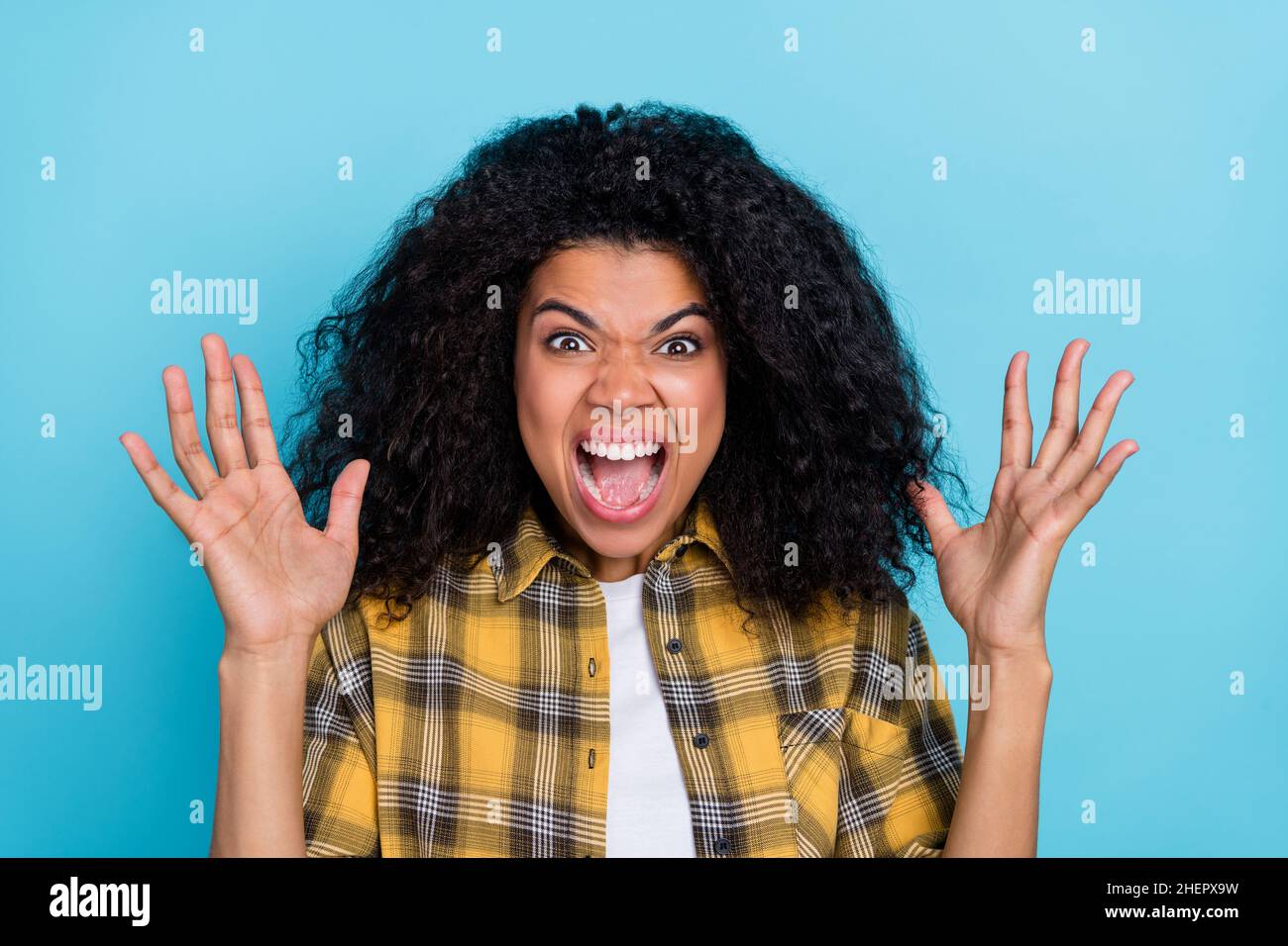 Photo of irritated mad angry lady scream raise hands conflict quarrel ...