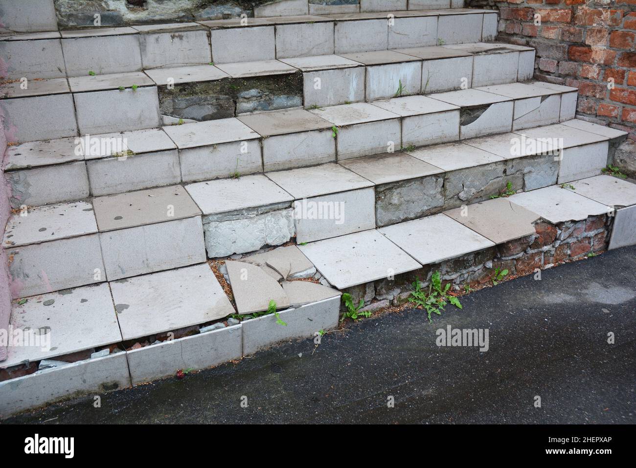 Close up on Danger Broken House Steps Outdoor. Damaged Stair Case Stock ...