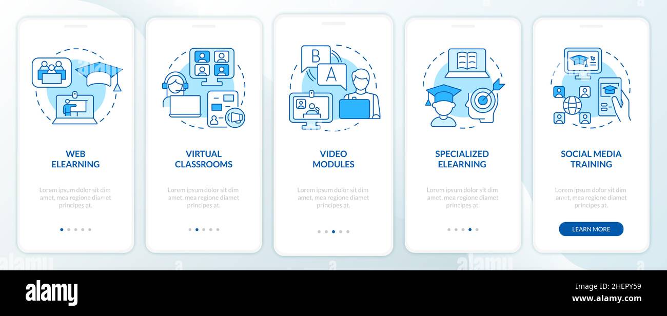 Elearning types blue onboarding mobile app screen Stock Vector Image ...