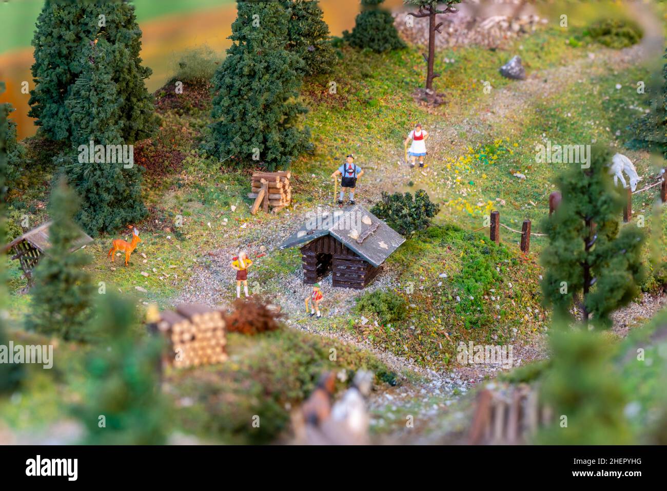 plastic people in the mountains at the scenic model landscape Stock ...