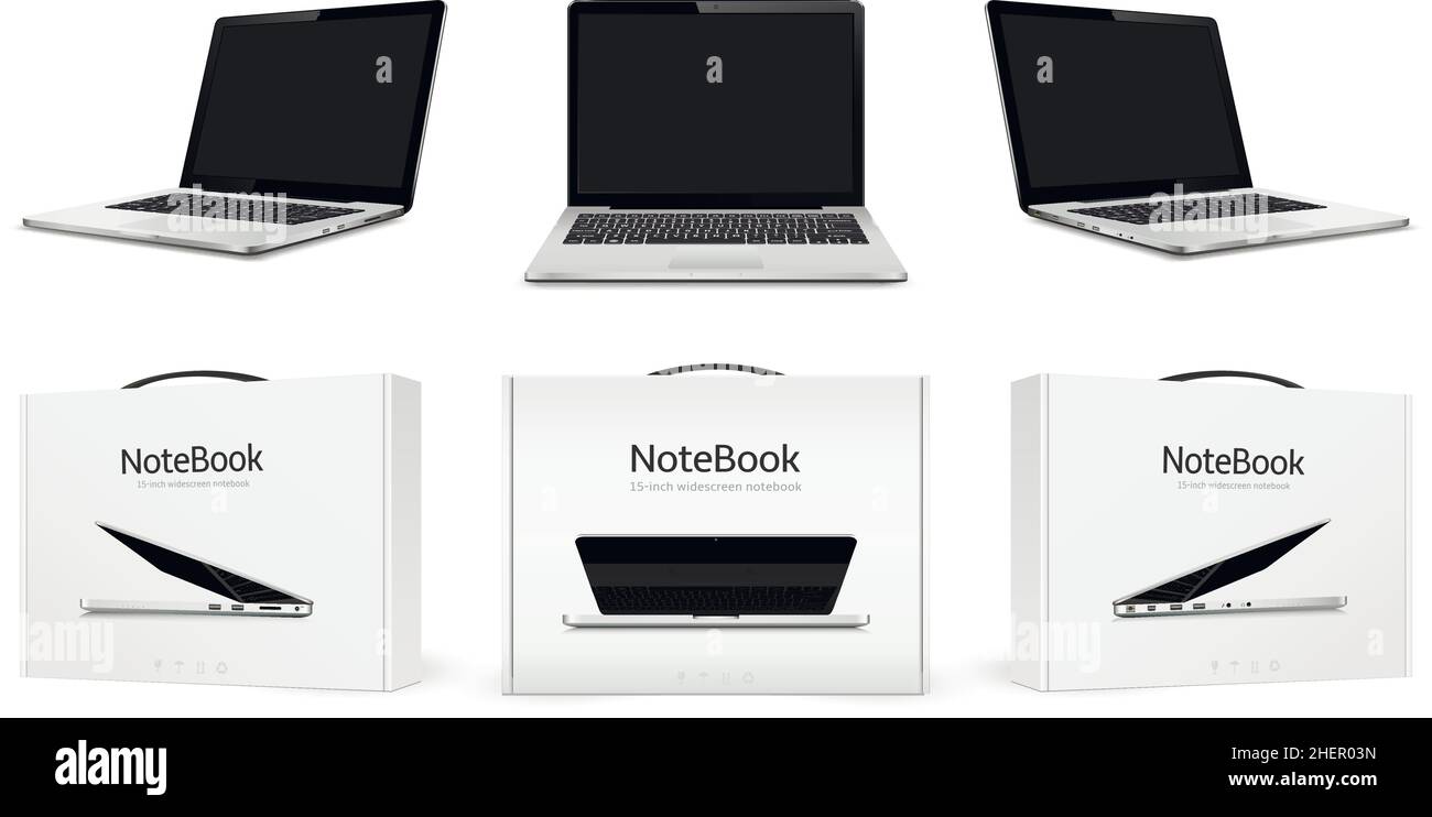 Laptops with blank screen and laptop boxes. Vector illustration Stock ...
