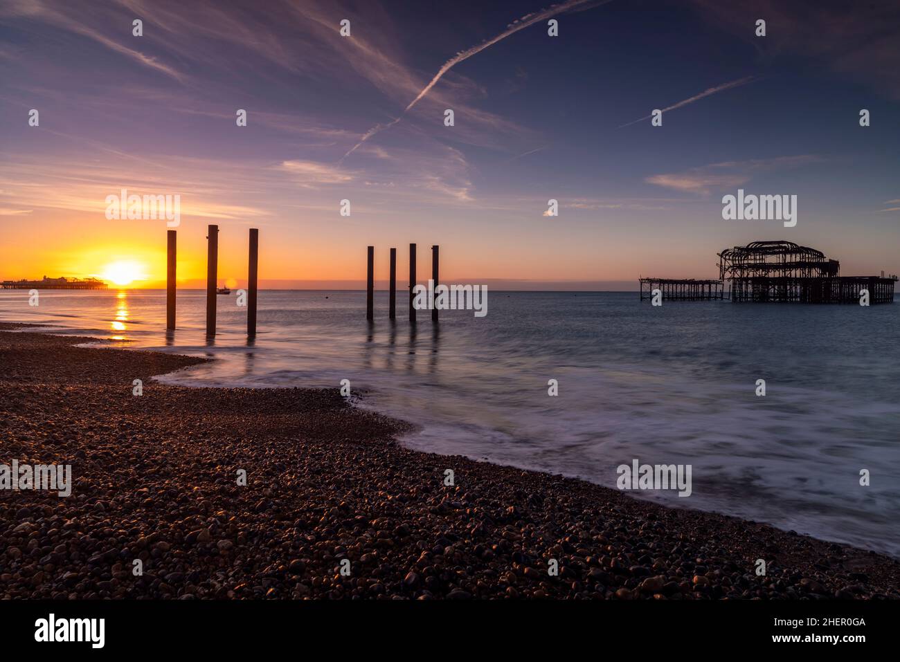 Brighton, West Sussex, 12/01/2022, Brighton West Pier during sunrise in ...