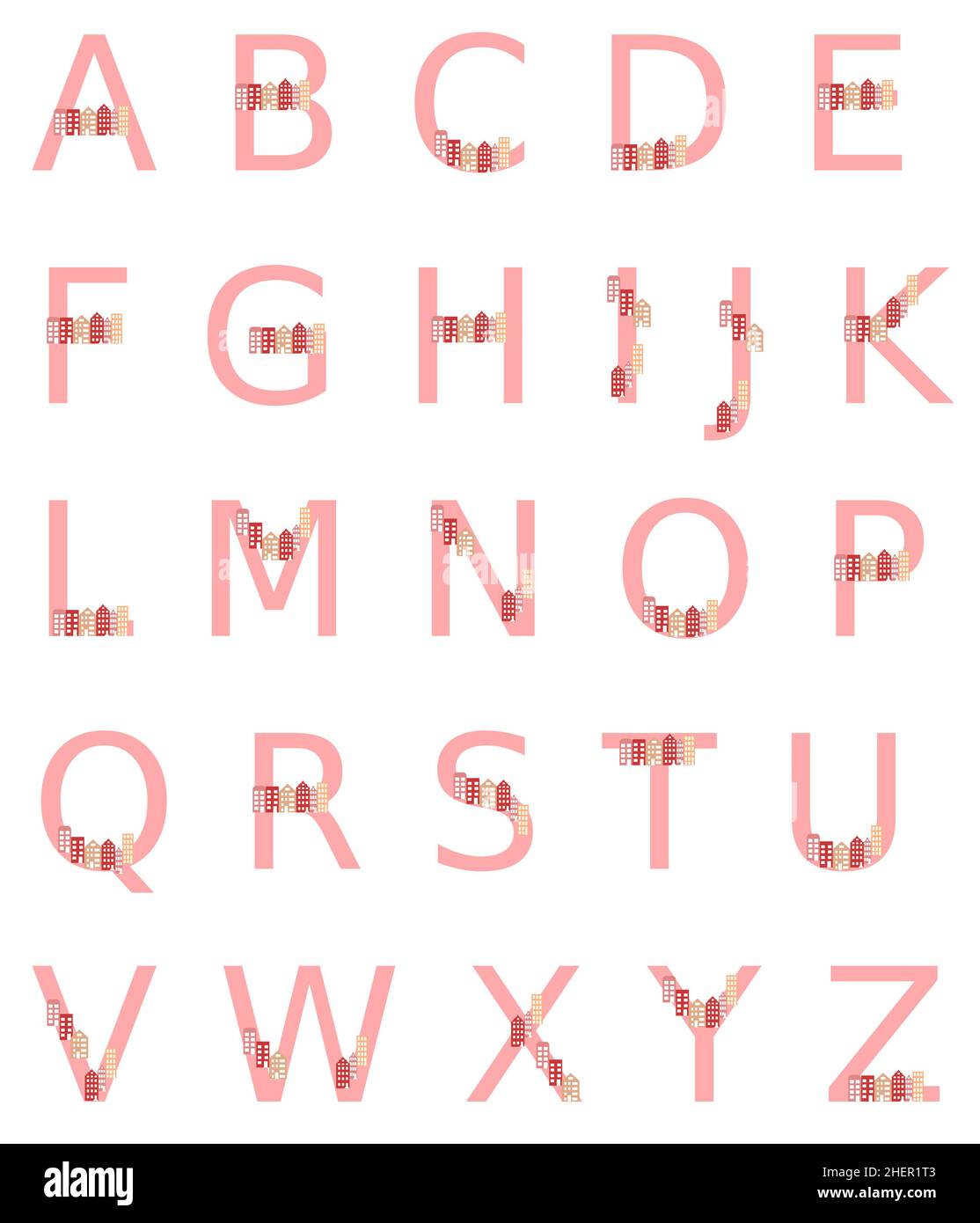 alphabet made with pink letters each with a row of houses on the letter ...