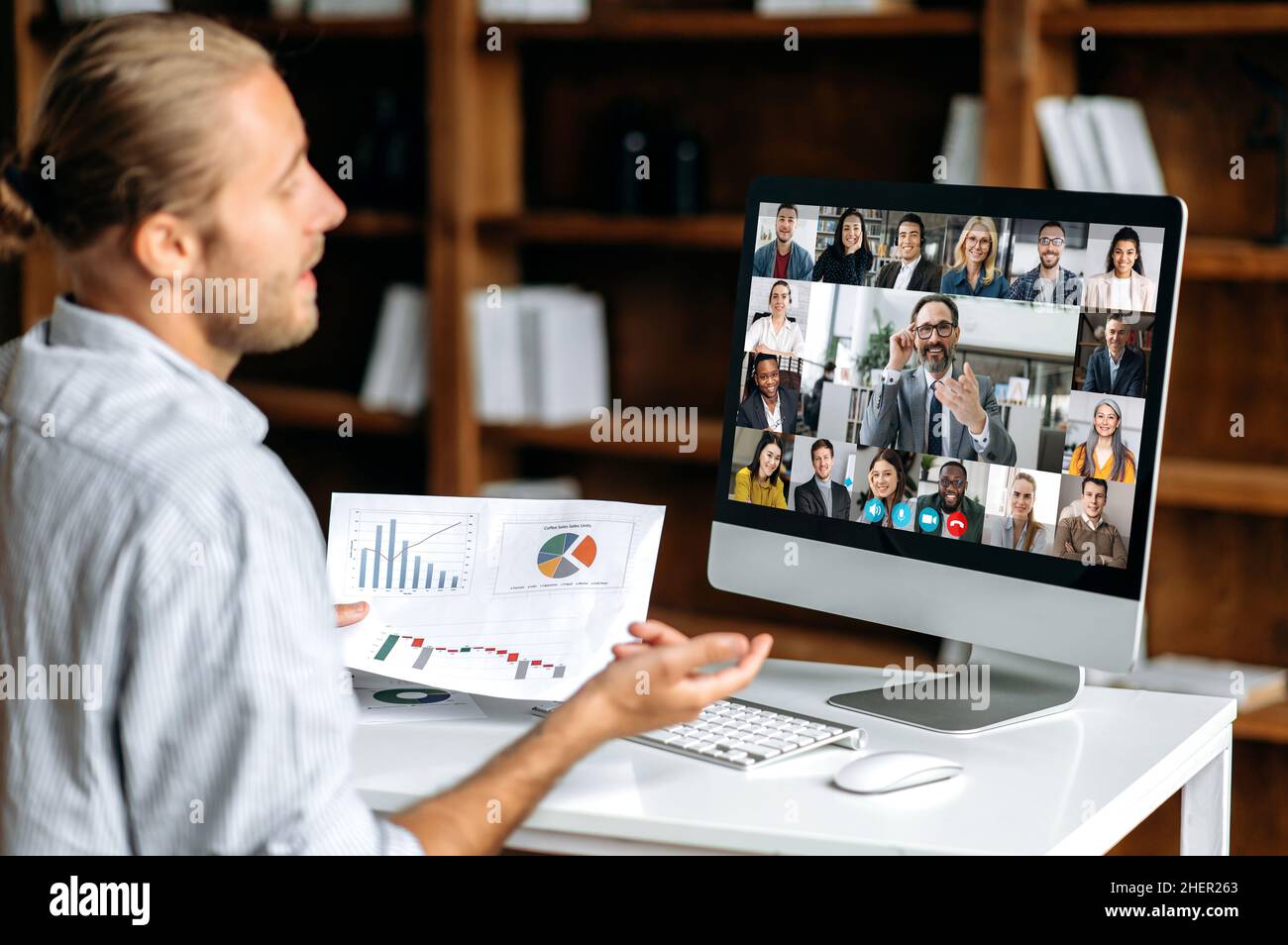 Brainstorming, online business meeting. Side view of a corporate ...