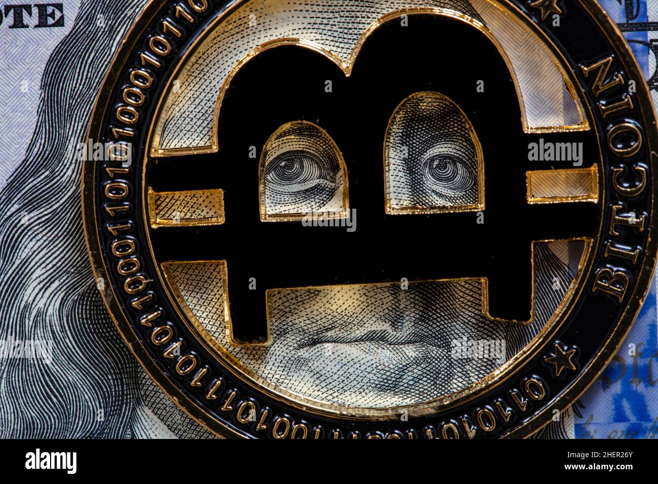 Bitcoin on 100 dollar bill background for design purpose Stock Photo ...