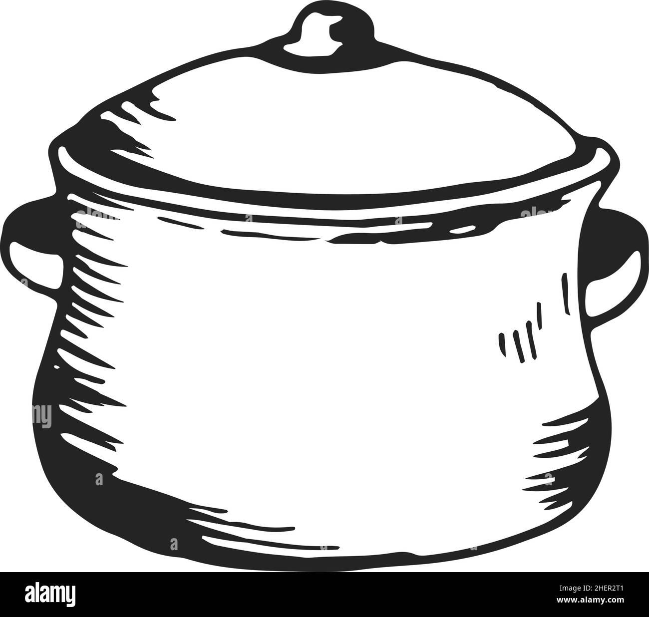 Cooking pot sketch. Kitchen metal crockery in hand drawn style Stock ...