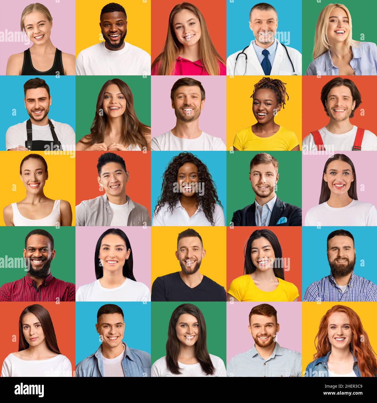Collage of multiple smiling human faces over bright backgrounds Stock ...
