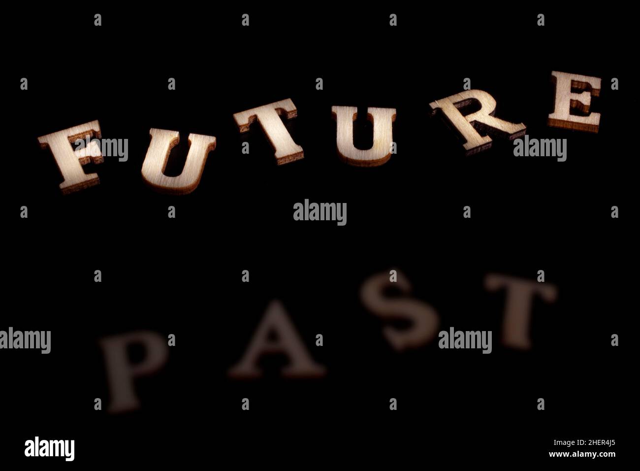 Past future concept. Wooden character text on black background Stock ...