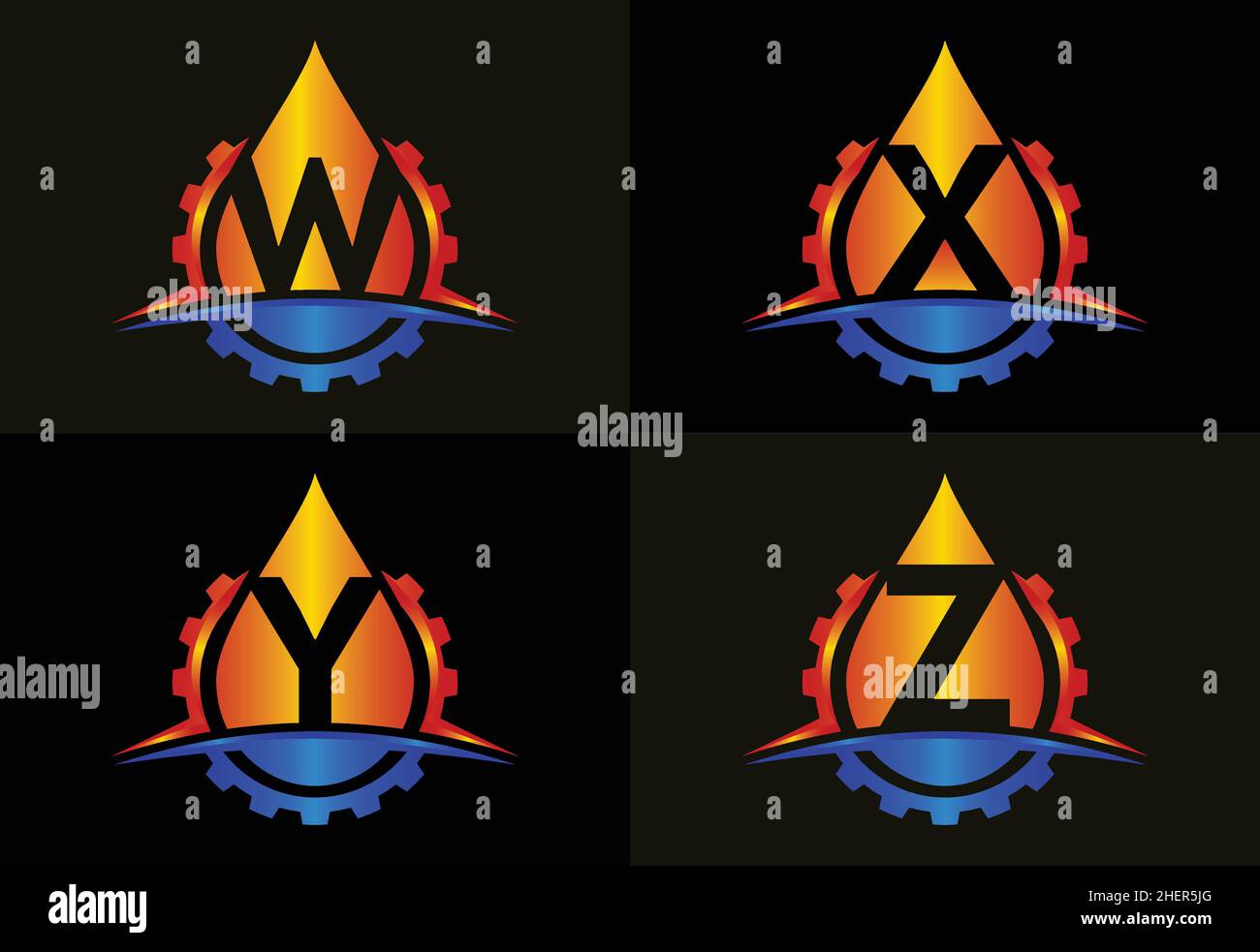 Initial W X Y Z monogram alphabet with gear swoosh and oil. Oil and gas ...
