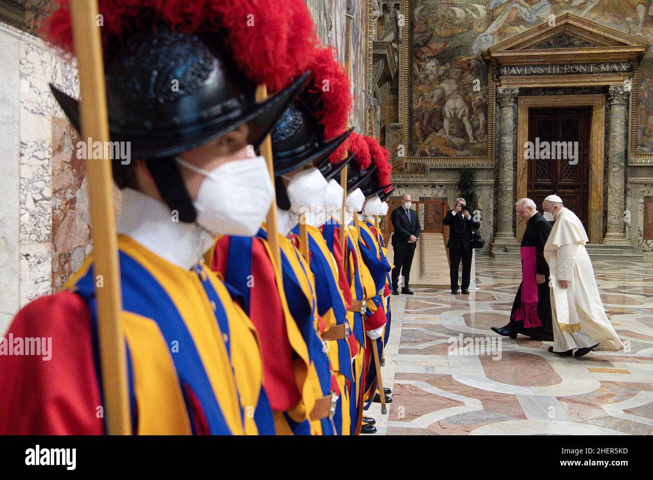 Vatican City, Vatican, 12/01/2022, Pope Francis crosses the Sala Regia ...