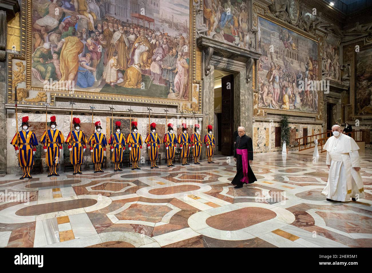 Vatican City, Vatican, 12/01/2022, Pope Francis crosses the Sala Regia ...