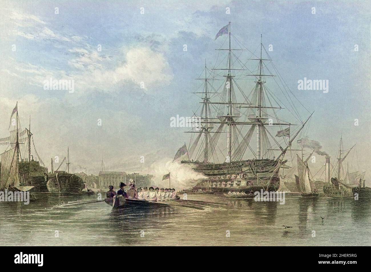 British Navy flagship saluting in the harbour at Gosford, Hampshire ...