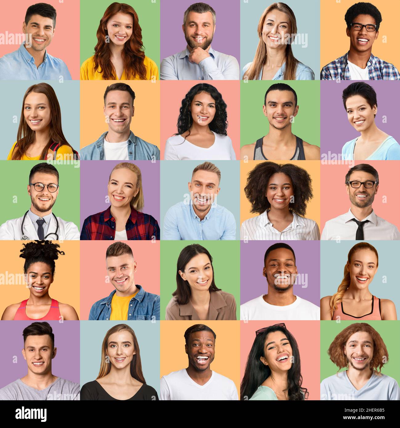 Happy Faces. Set Of Smiling Multicultural People Posing Over Bright ...