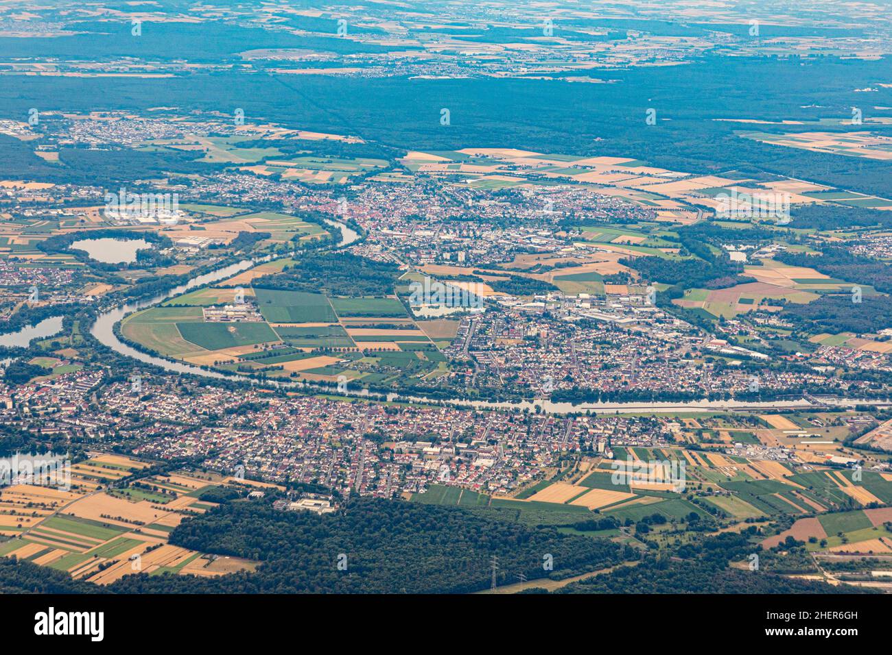 aerial view of village of Wolfgang in Hanau, Germany with river Main ...