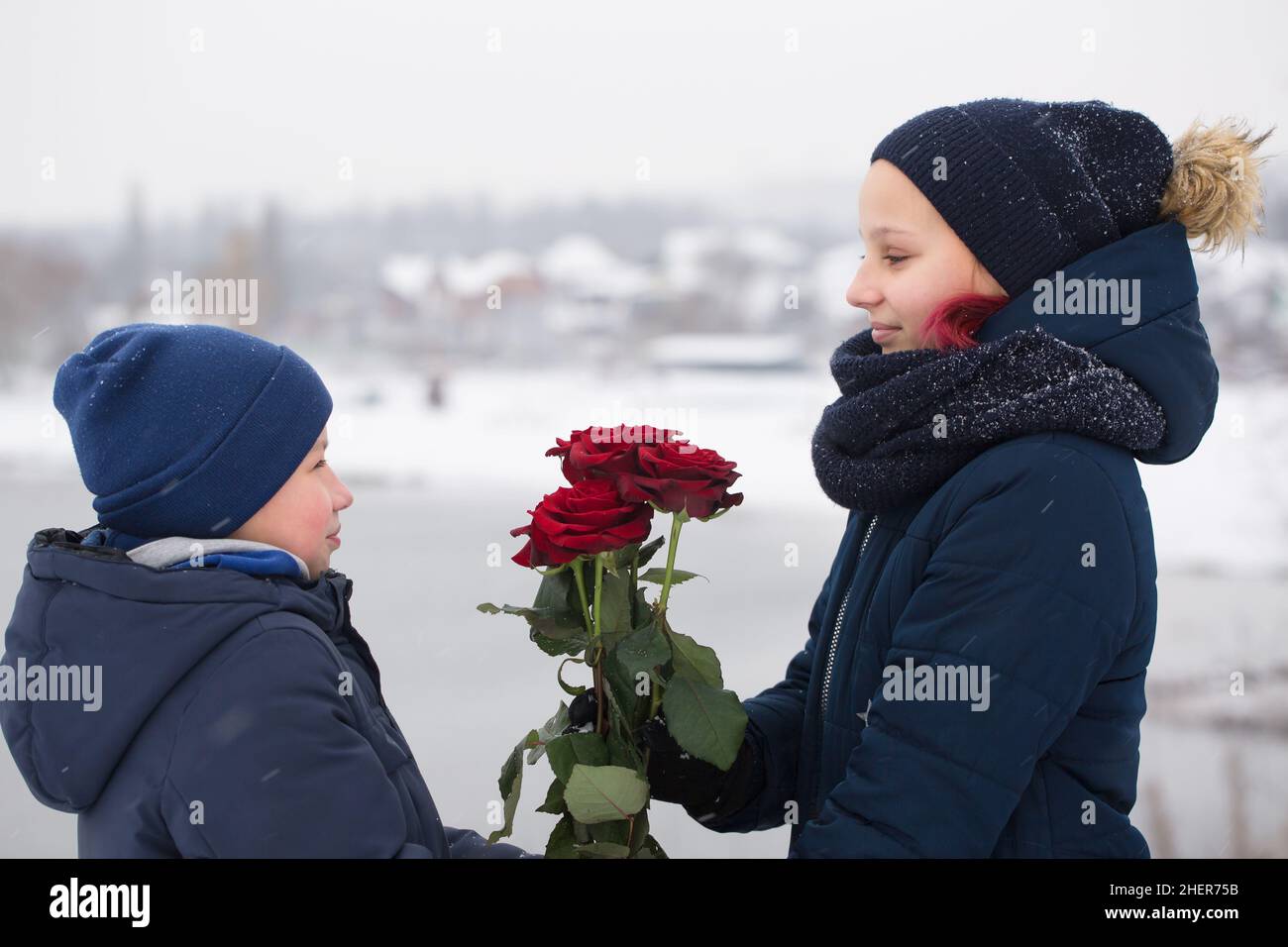 The boy gives the girl red roses Stock Photo - Alamy
