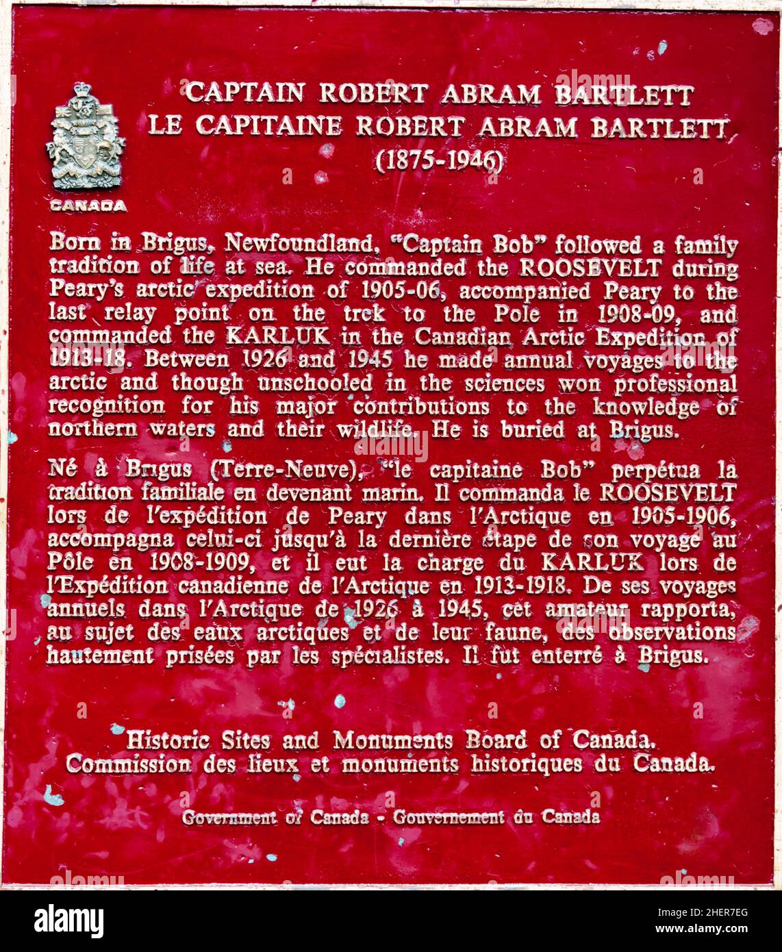 A bilingual sign on the memorial to the Arctic explorer Captain Robert ...