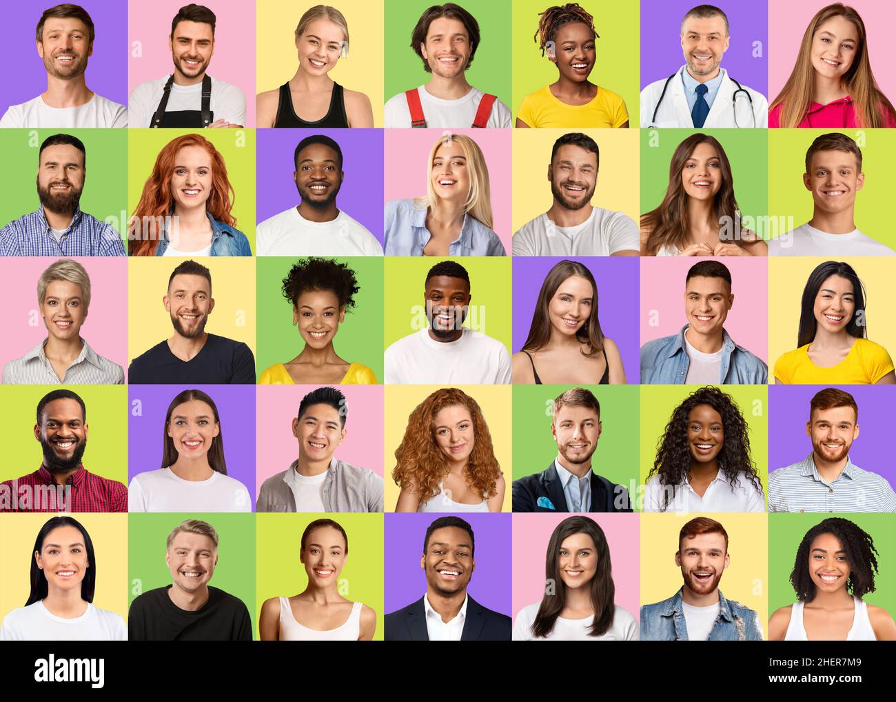 Portraits of young diverse multiracial young people smiling over ...