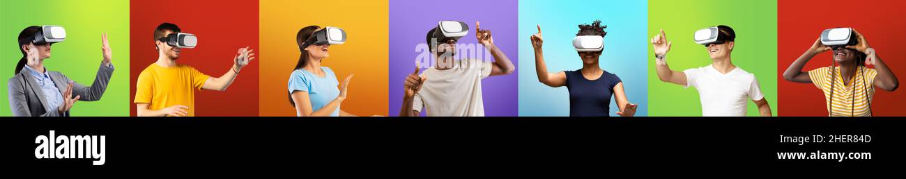 Modern technologies and entertainments. Young people in VR headsets ...