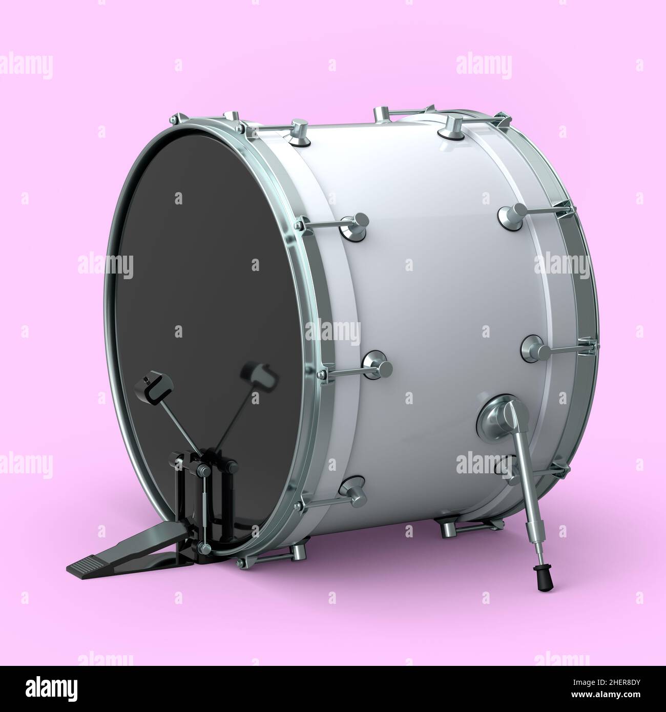 Realistic drum with pedal on pink background. 3d render of musical ...