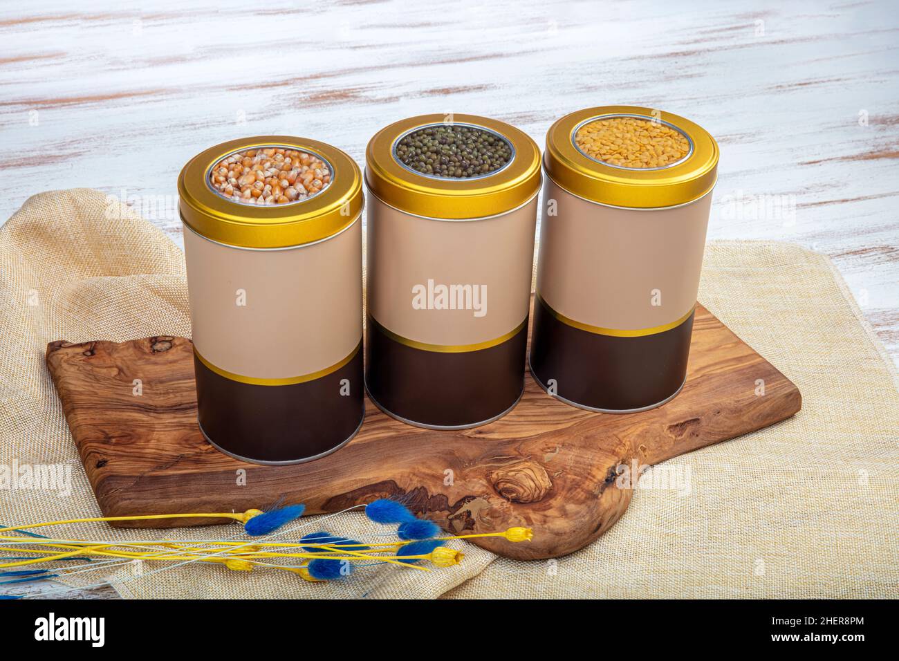 Legume storage containers in various sizes. Tin jars with various types ...