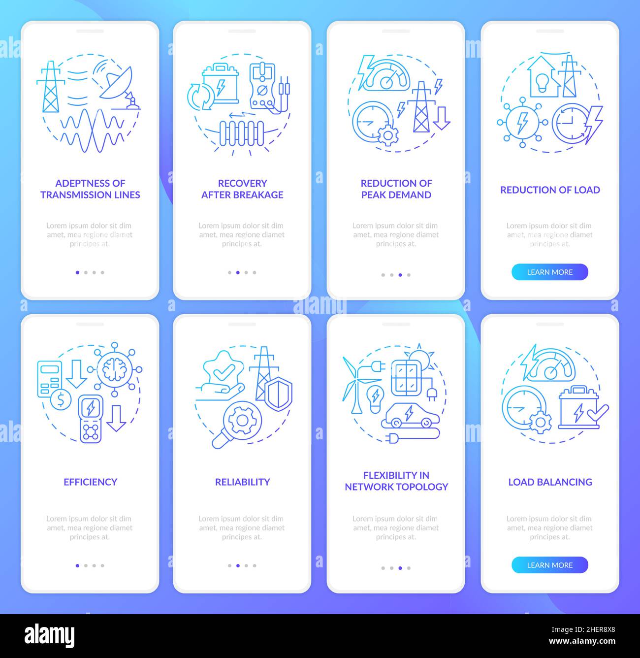 Smart grid blue gradient onboarding mobile app screen set Stock Vector ...