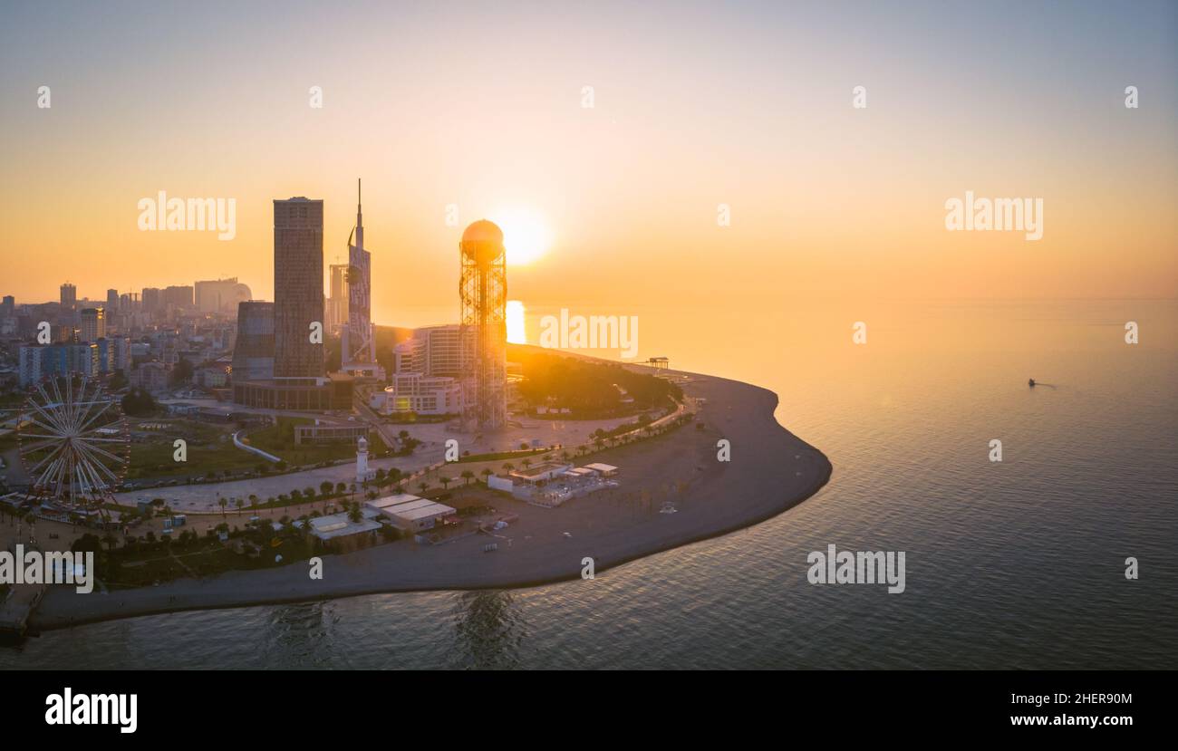 Aerial view to Batumi beach and sightseeing attractions with sunset ...
