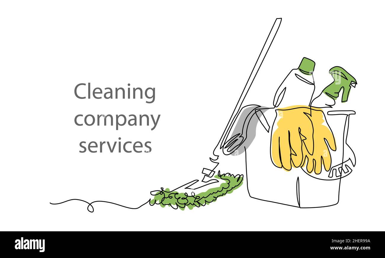 Cleaning tools mop, bucket, detergent, gloves. One continuous line art ...