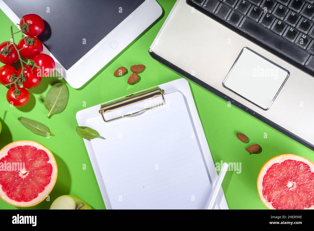 Meal diet plan concept, with in notepad, healthy food fruits ...