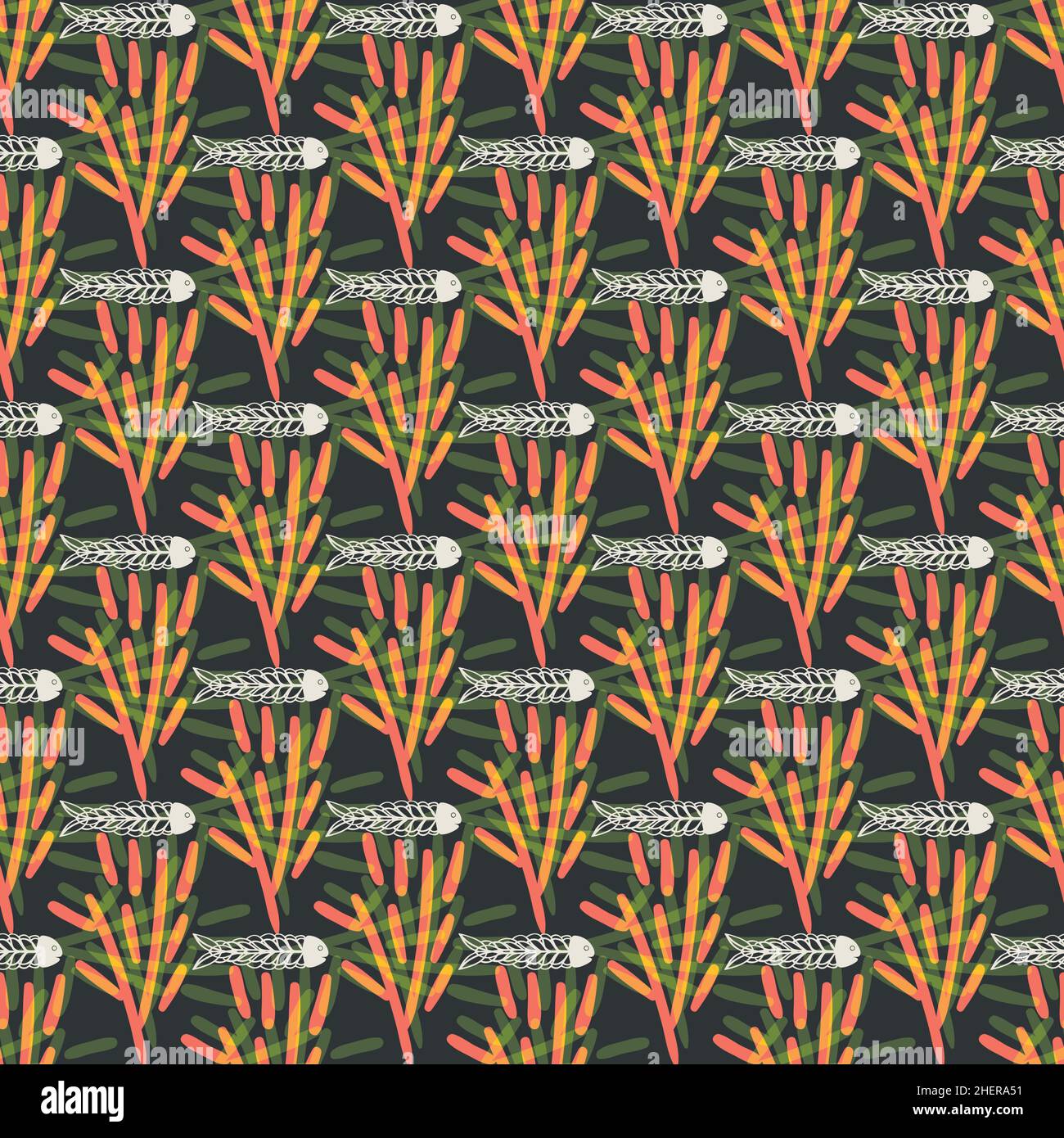 Fish and seaweed vector seamless pattern background. Modern painterly ...