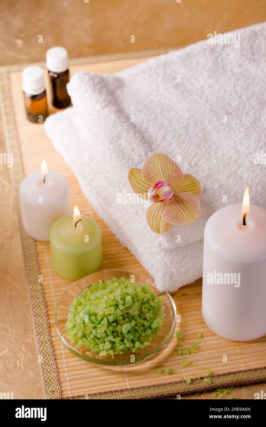 Items for energetic cleaning feet in a stream of reiki Stock Photo - Alamy