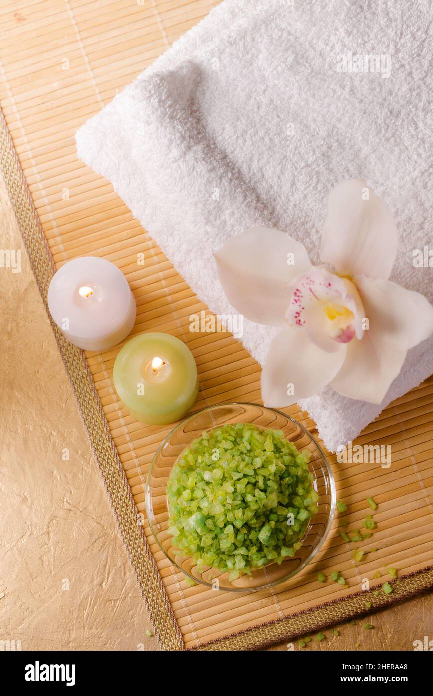 Items for energetic cleaning feet in a stream of reiki Stock Photo - Alamy