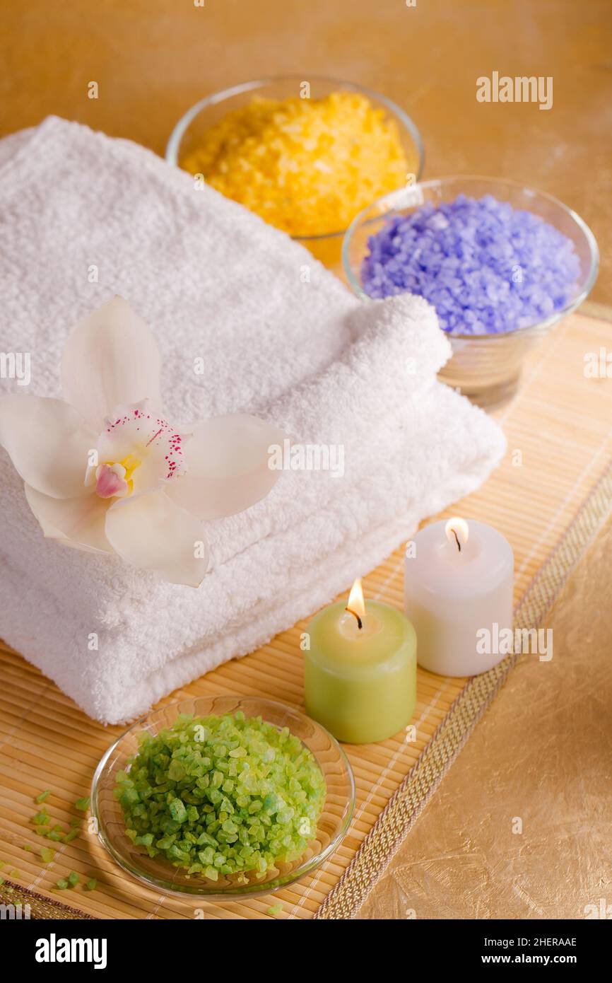 Items for energetic cleaning feet in a stream of reiki Stock Photo - Alamy