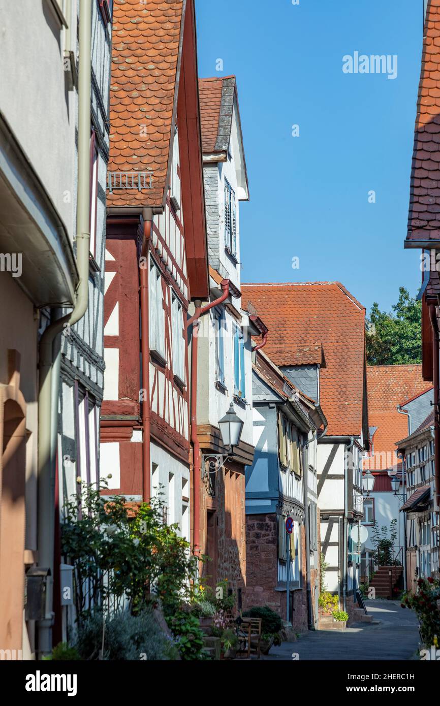 view to half timbered houses in the historic old town of Buedingen ...