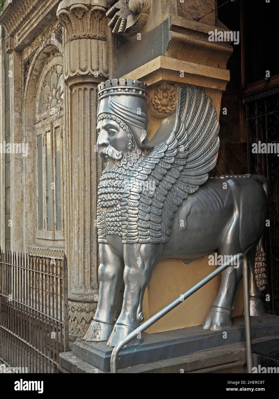 01 04 2022 Zoroastrian Lamassu sculpture human headed winged bull on ...