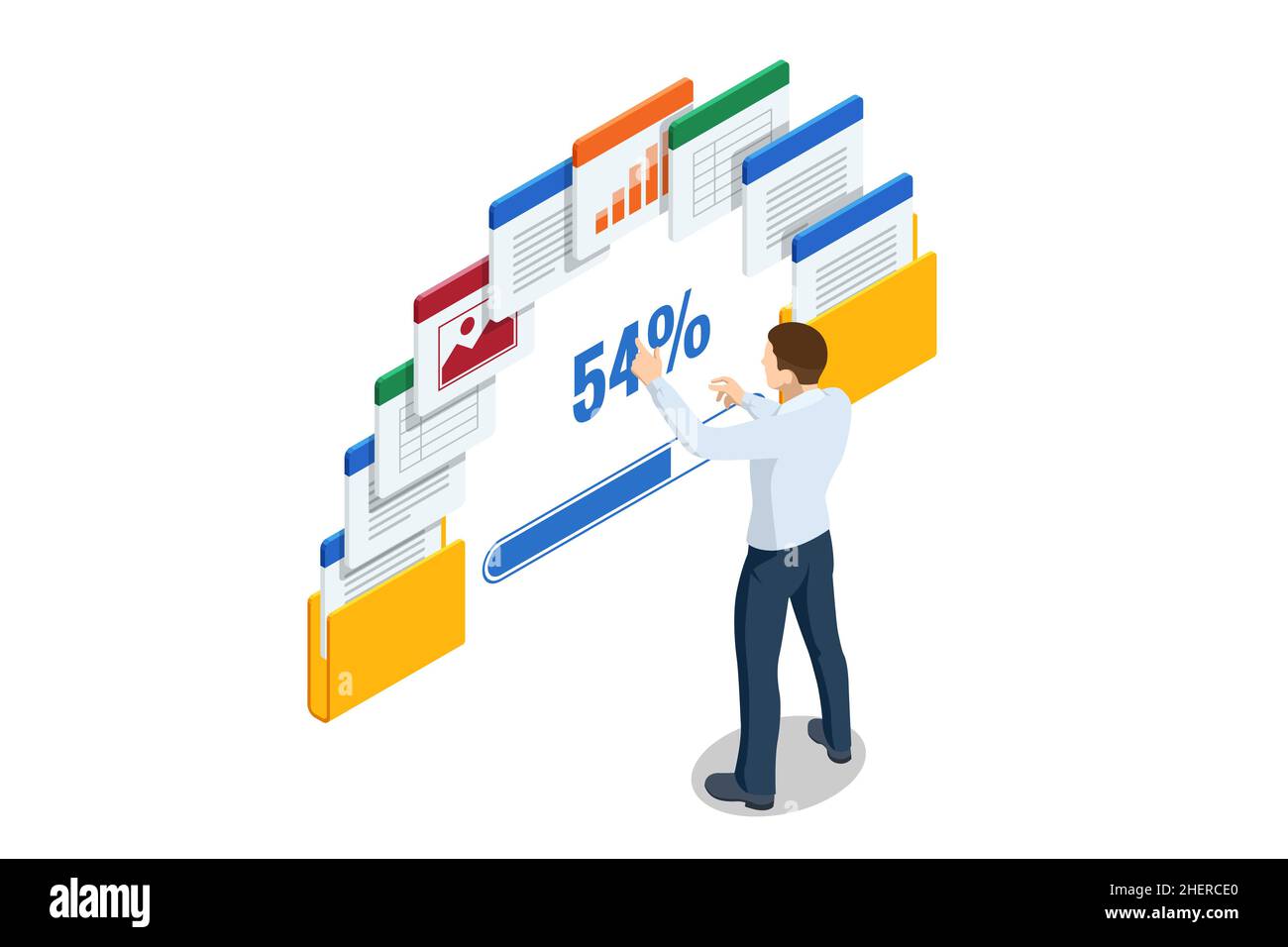 Isometric file in database, document flow management concept. Cloud data storage and remote data ...