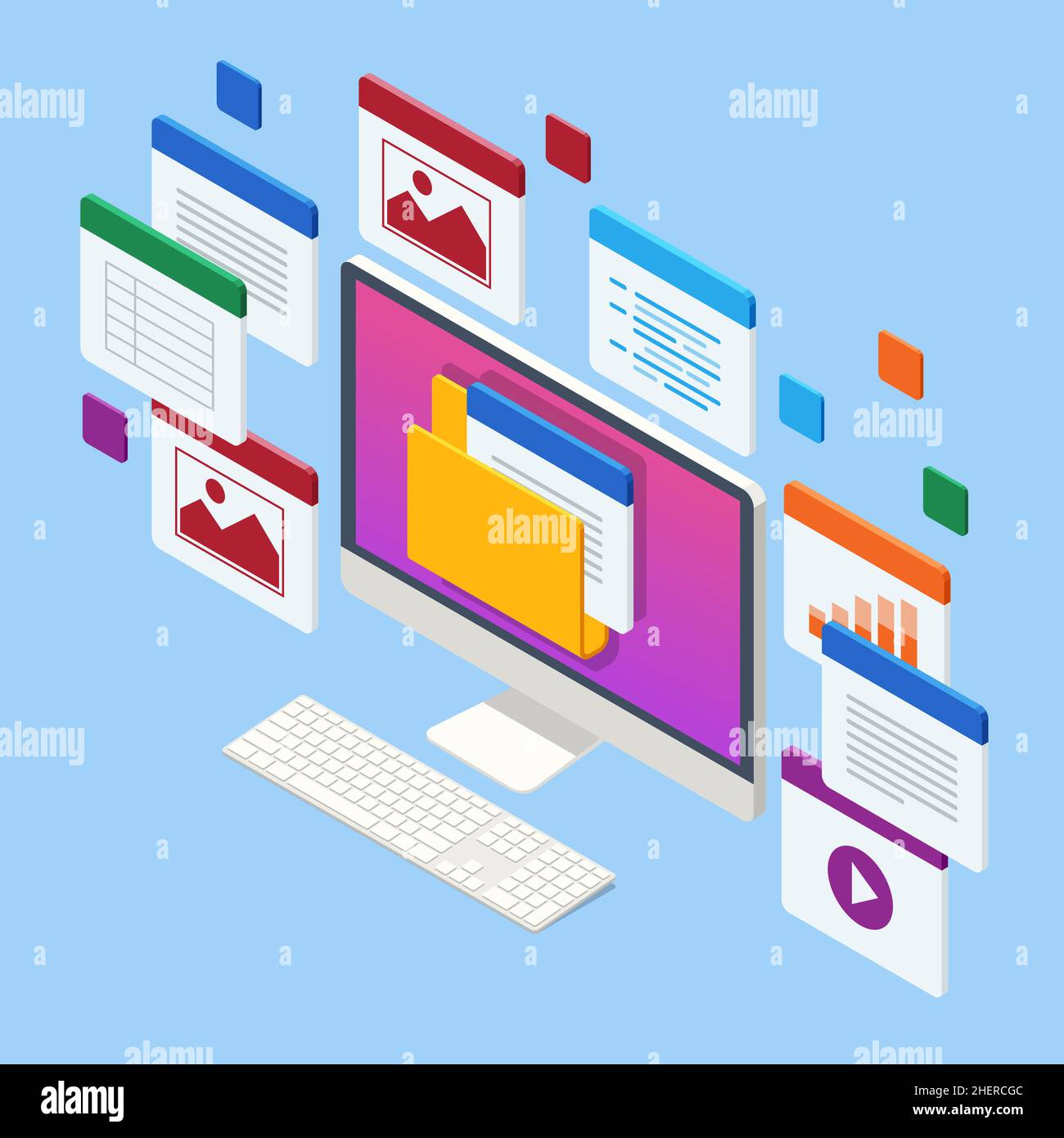 Isometric file in database, document flow management concept. Cloud ...
