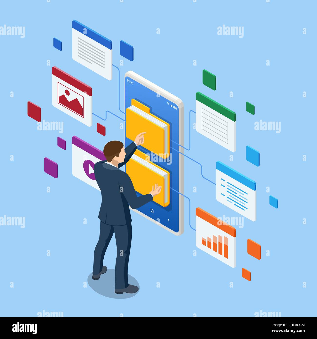 Isometric file in database, document flow management concept. Cloud data storage and remote data ...