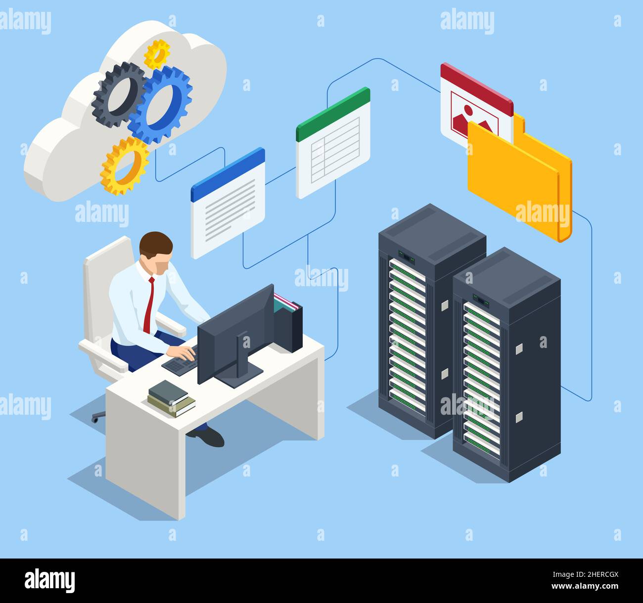 Isometric file in database, document flow management concept. Cloud ...