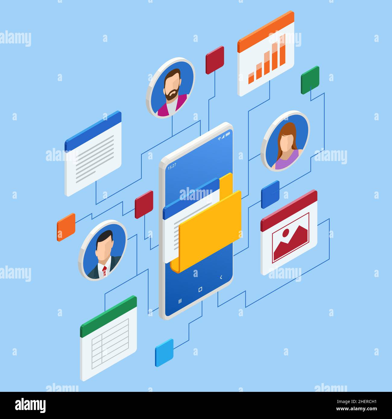 Isometric file in database, document flow management concept. Cloud data storage and remote data ...